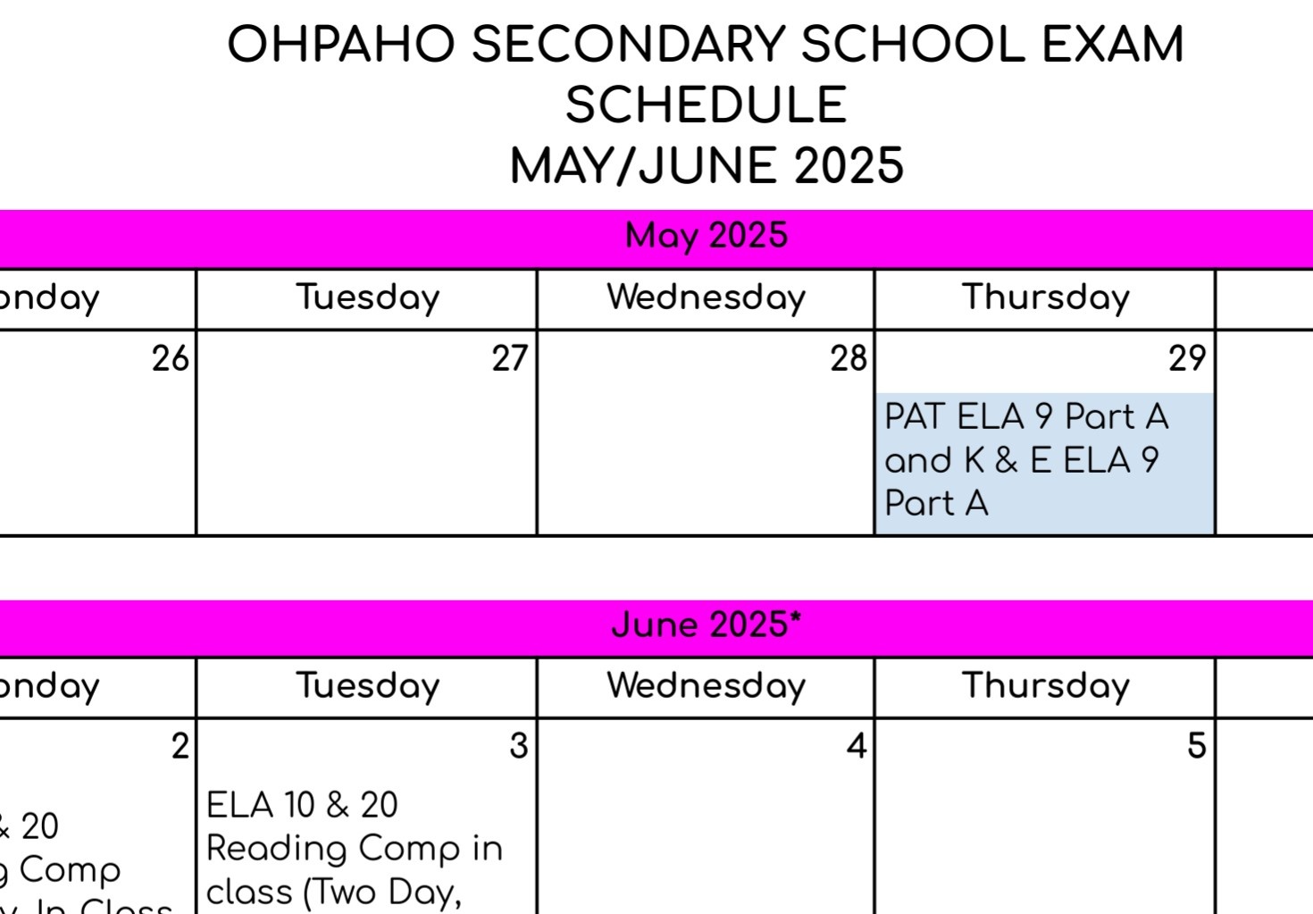 Final Exam Schedule - Ohpaho Secondary School